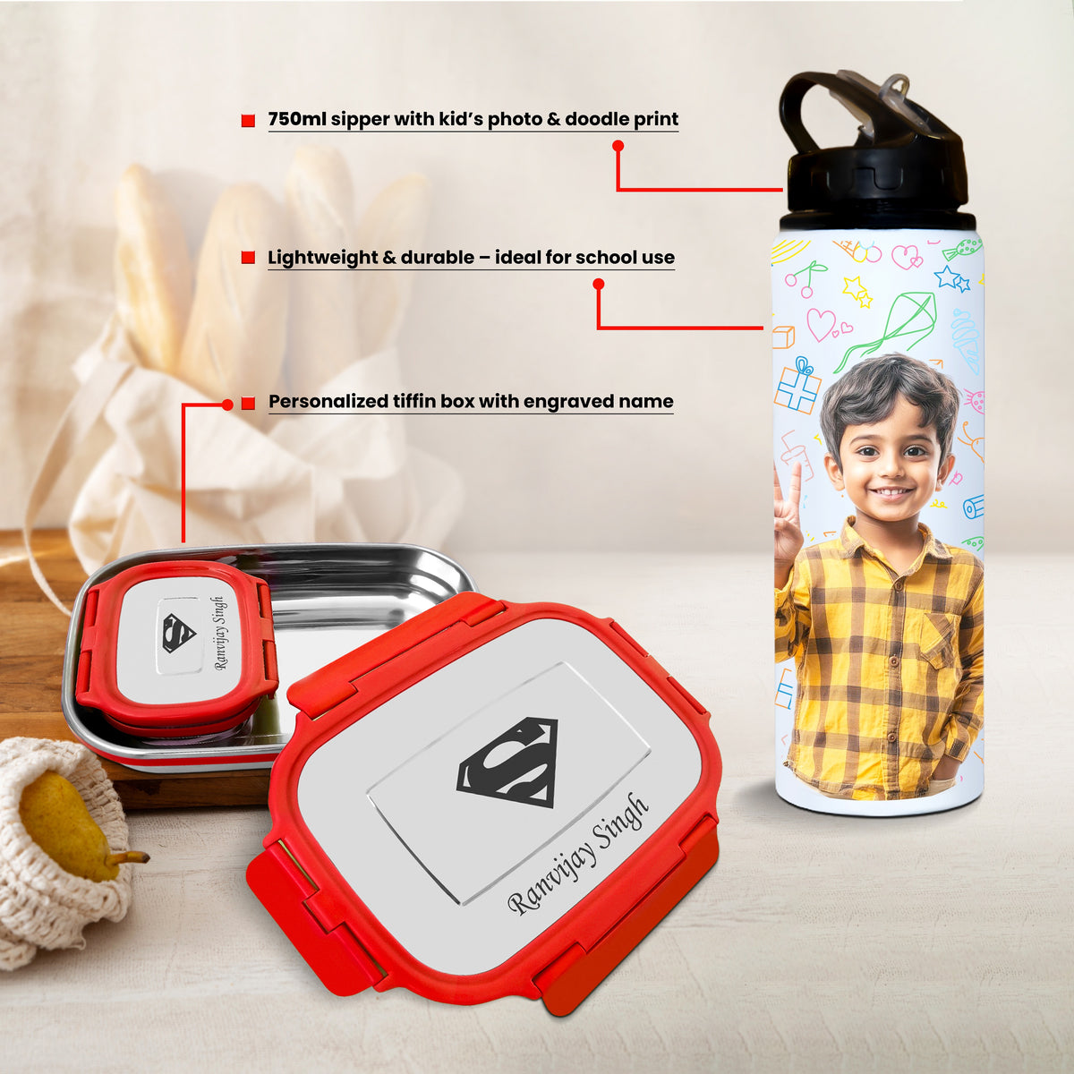 Personalized School Lunch Set – Name Engraved Lunch Box & Photo Printe