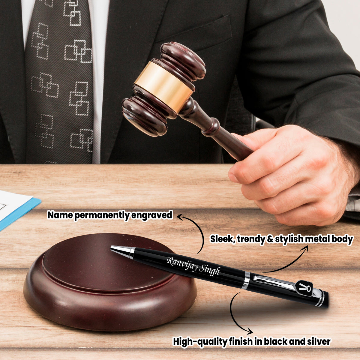 Customized Advocate Coat Pen Stand with Permanently Engraved Name on P